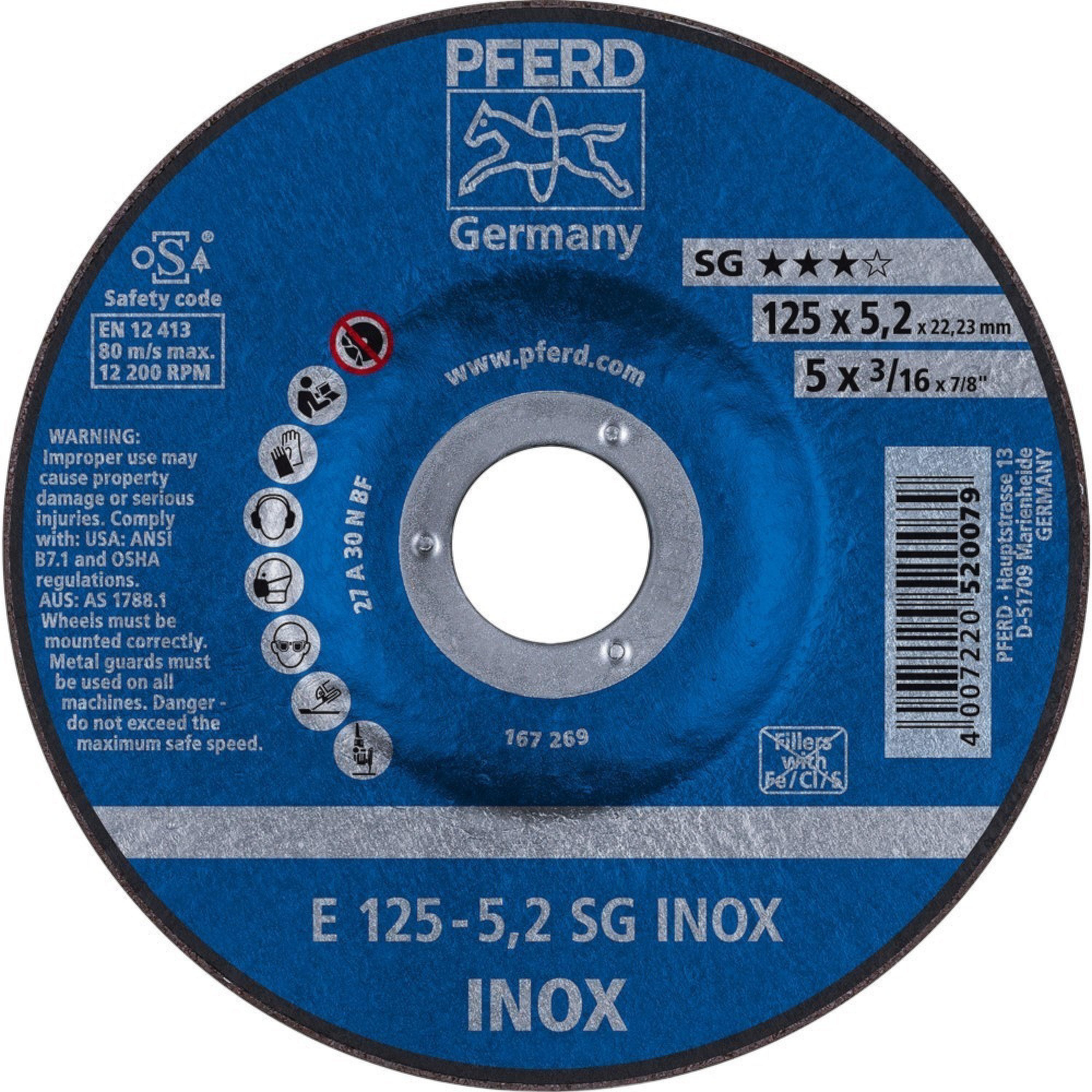 PFERD E 125-5,2 SG INOX afbraamschijf 125x5,2x22,23 mm prestatielijn ...