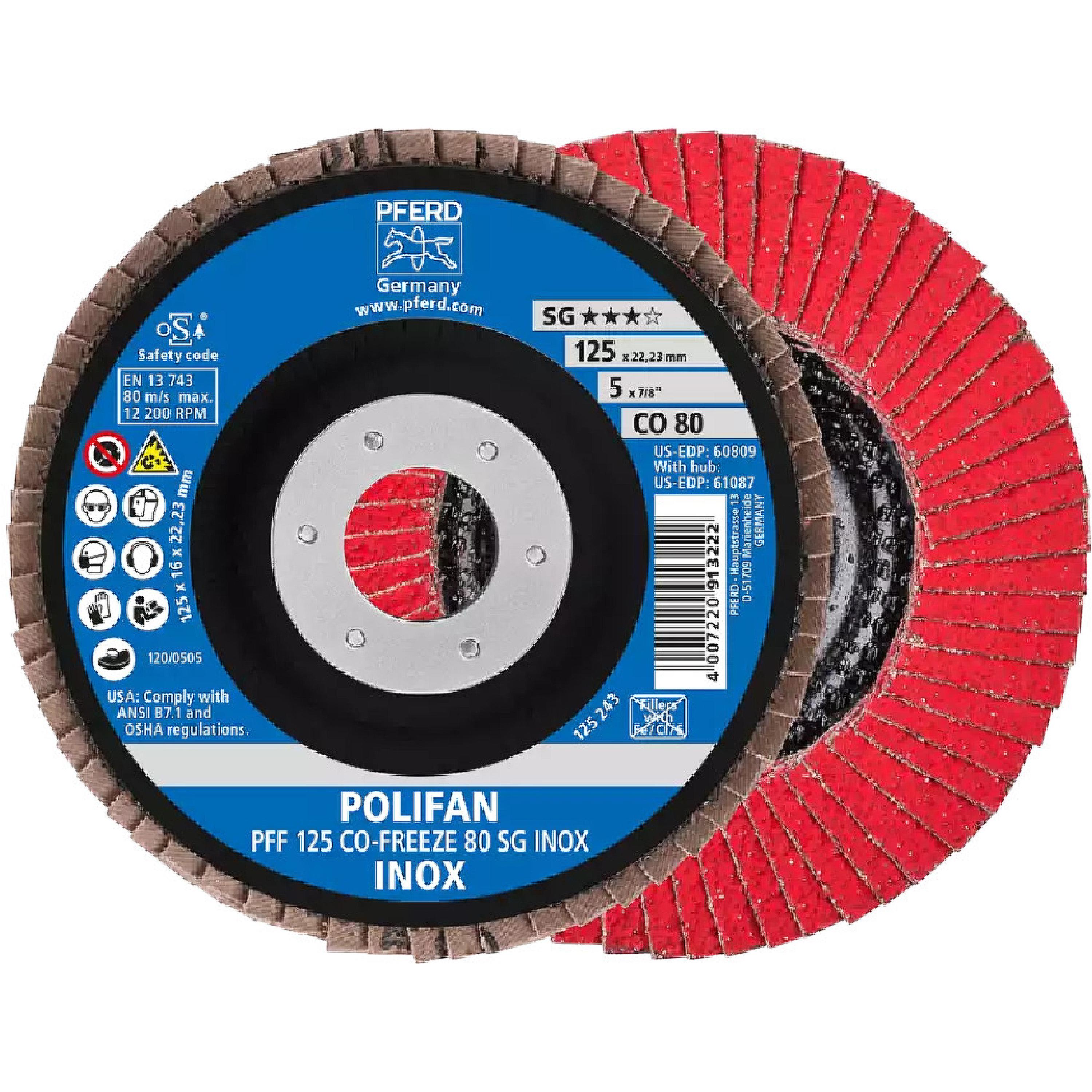 PFERD PFF 125 CO-FREEZE 80 SG INOX POLIFAN lamellenschijf 125x22,23mm vlak 80 prestatielijn ...