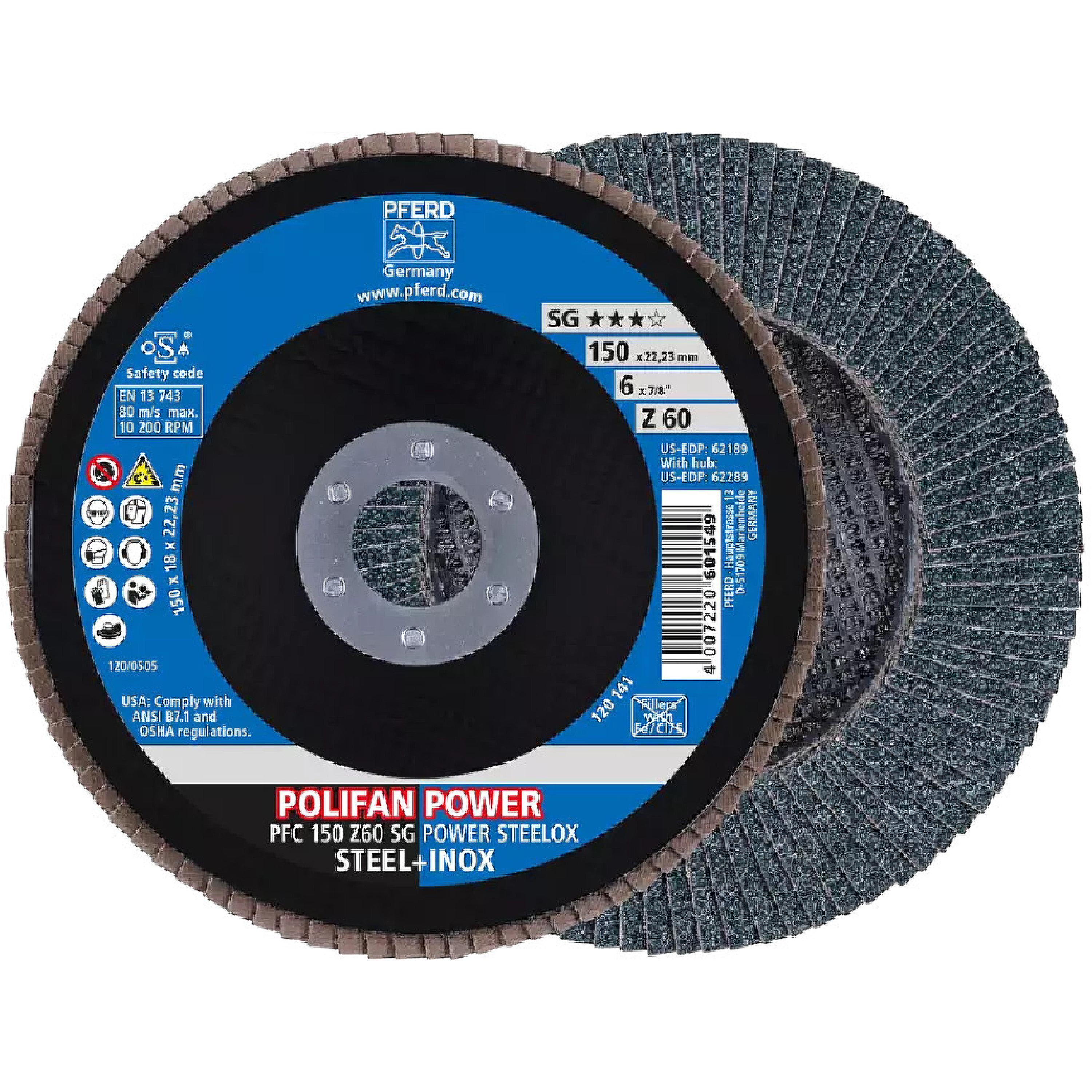PFERD PFC 150 Z 60 SG POWER STEELOX POLIFAN lamellenschijf 150x22,23mm conisch korrel 60 staal ...