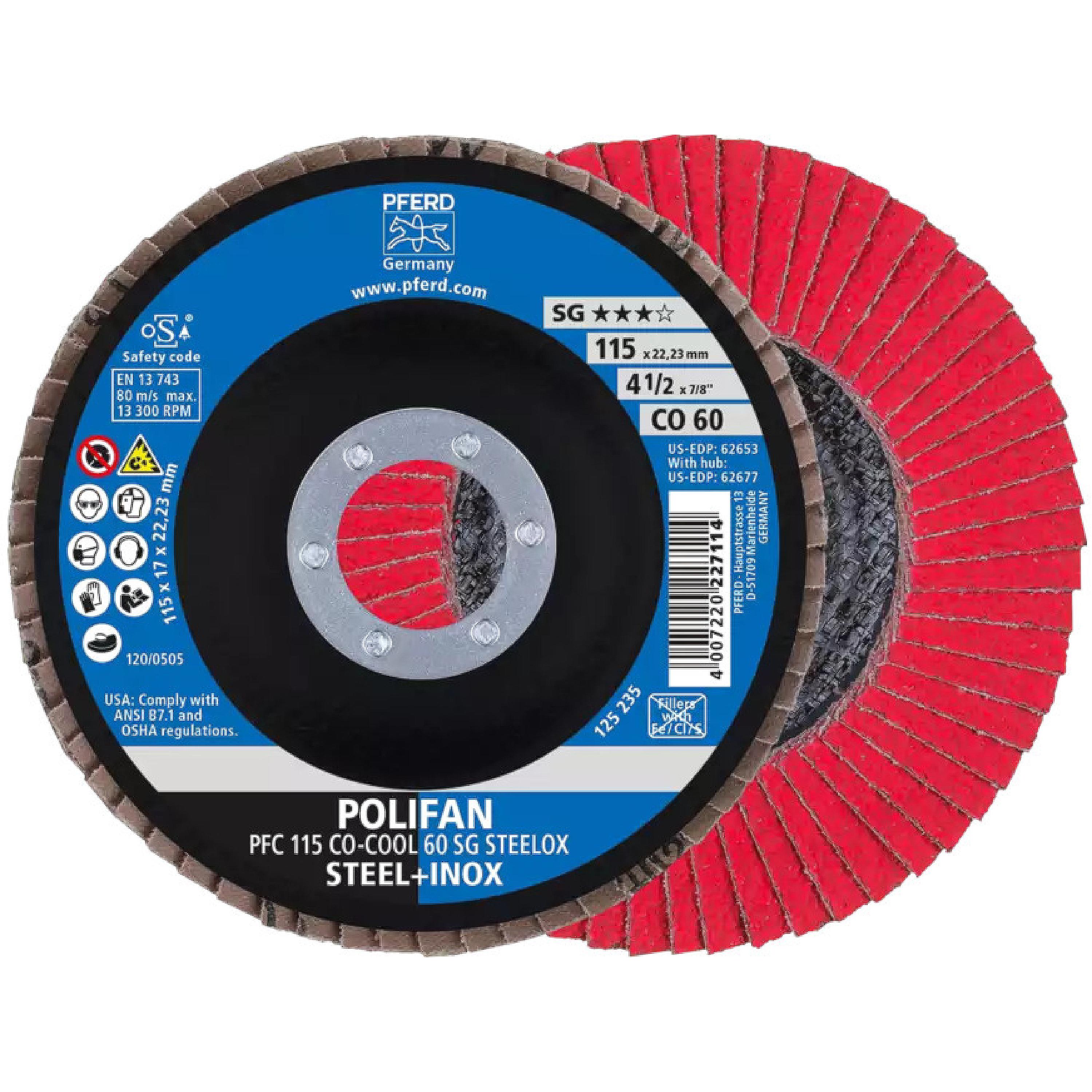 PFERD PFC 115 CO-COOL 60 SG STEELOX POLIFAN disque à lamelles 115x22.23mm conique grain 60 acier ...