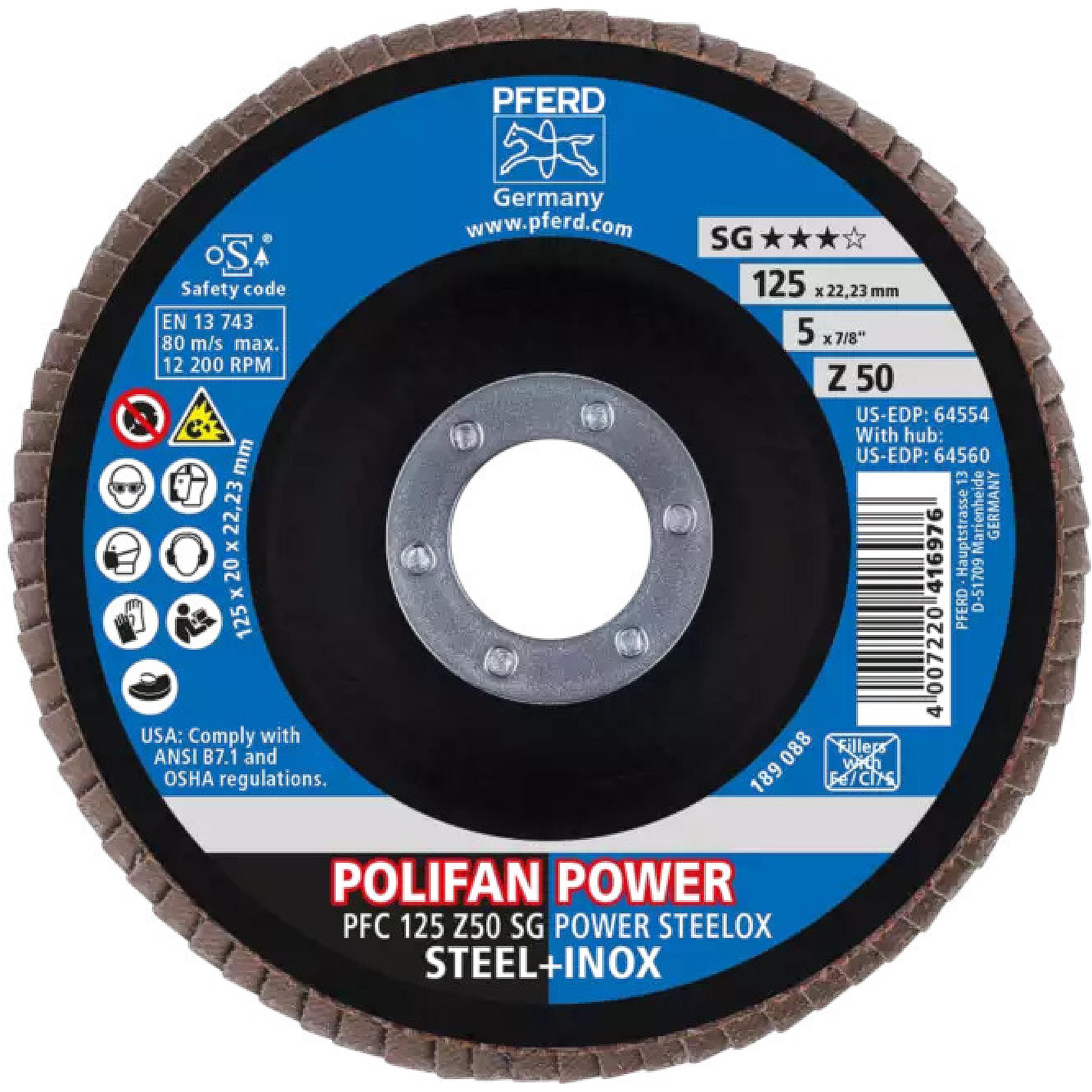 PFERD PFC 125 Z50 SG POWER STEELOX POLIFAN disque à lamelles 125x22.23mm conique 50 performance ...