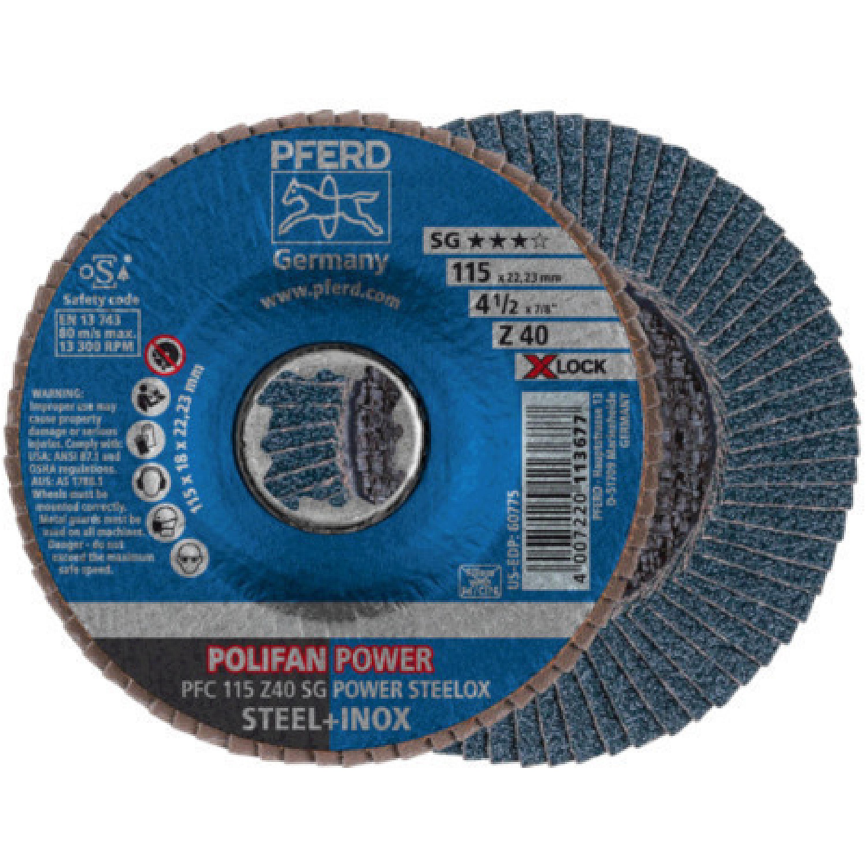 PFERD PFC 115 Z 40 SG POWER STEELOX/X-LOCK POLIFAN disque à lamelles 115mm conique grain 40 ...